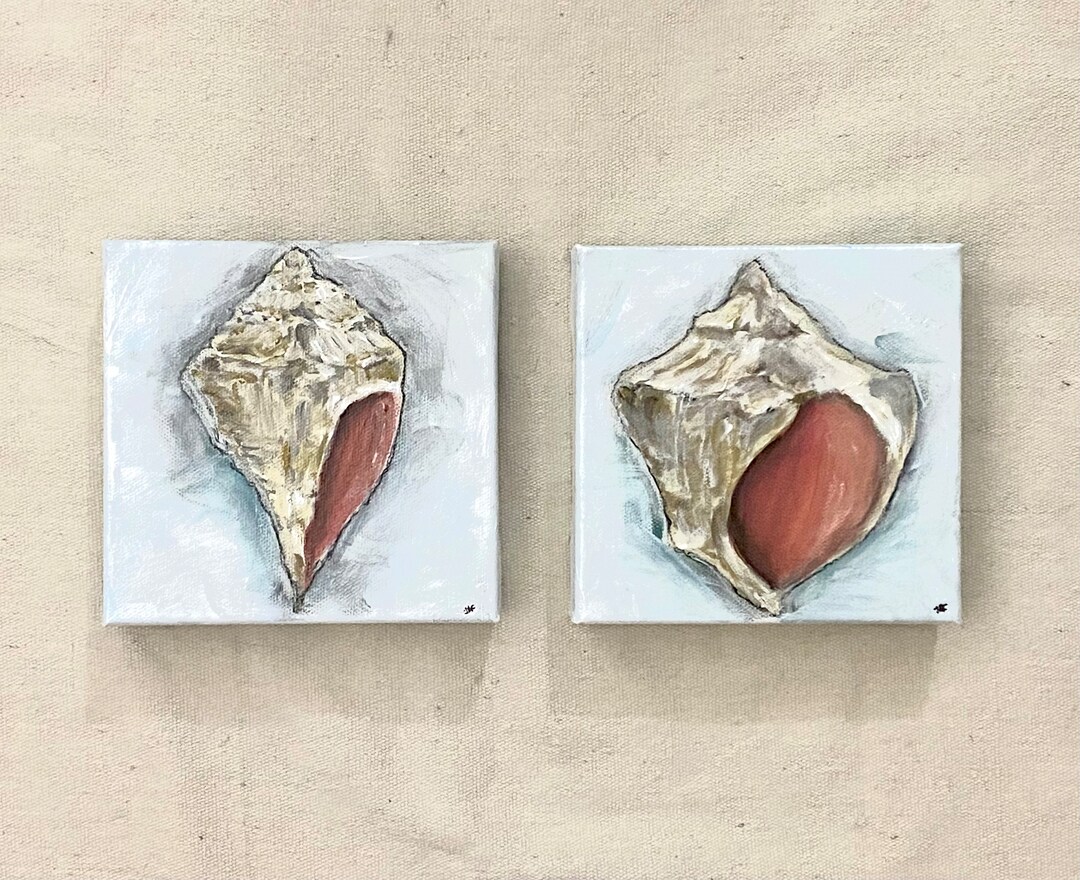 Pair of Conch Shell Paintings, Set of 2, Acrylic on Canvas, Original ...