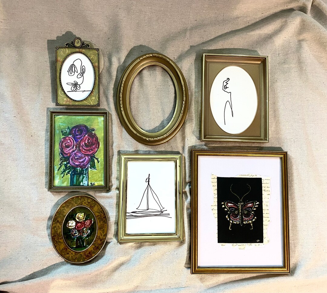 Vintage Set of Seven Frames With Original Art, Assorted Vintage and ...
