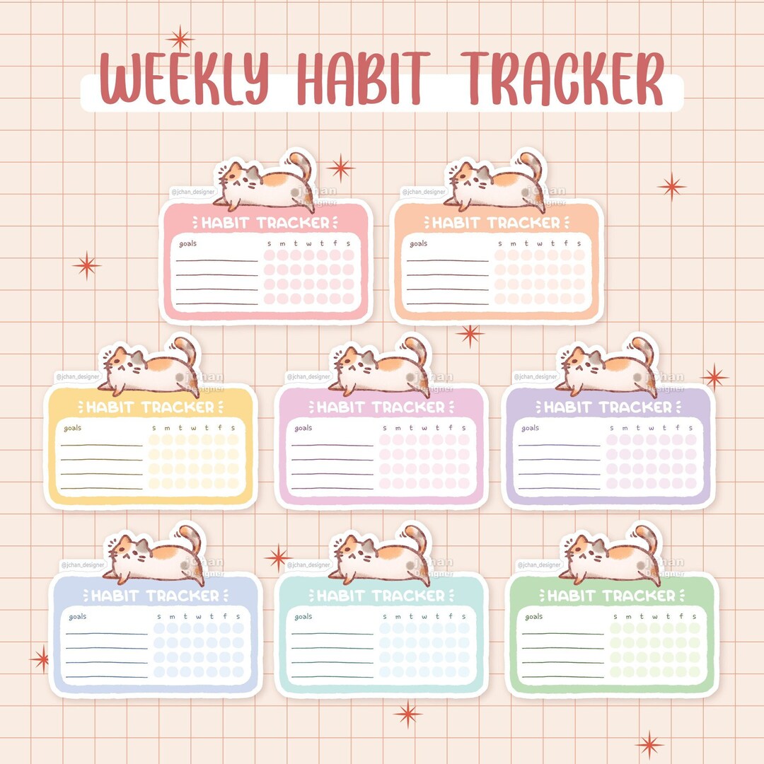 Weekly Habit Tracker Sticker, Cat Stationery Sticker, Kawaii Planner ...