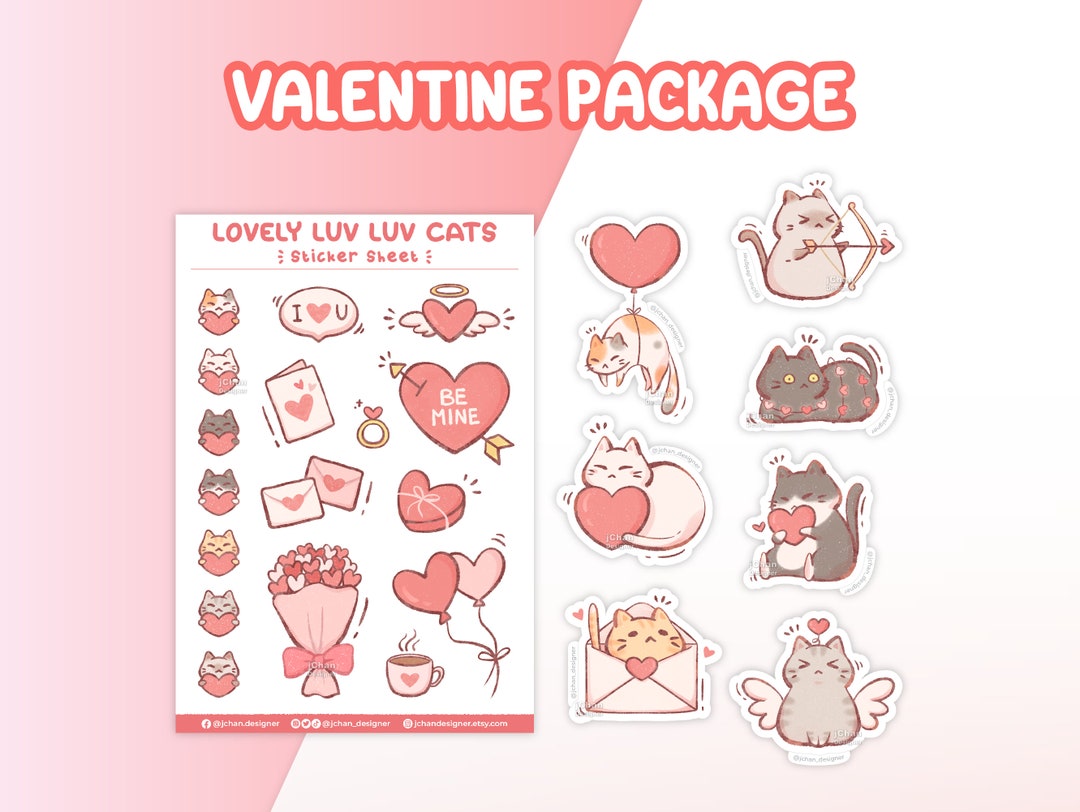 Lovely Luv Luv Cat Sticker Sheet, Cute Kitty Label, Kawaii Art Journal ...