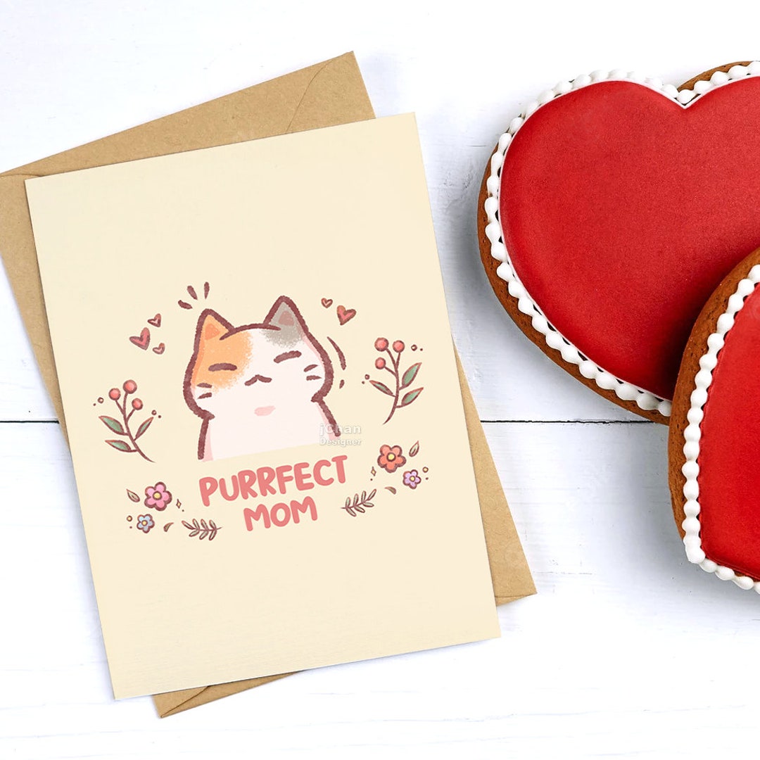 Purrfect Mom Card, Mother's Day Greeting Card, Funny Pun Card, Kawaii ...