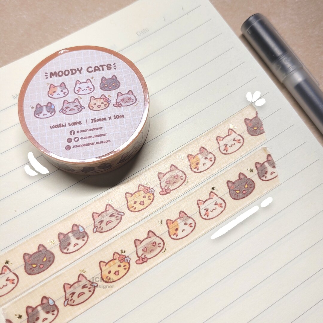 Moody Cat Washi Tape 15mmx 10m, Cute Kitten Masking Tape, Gold Foil ...