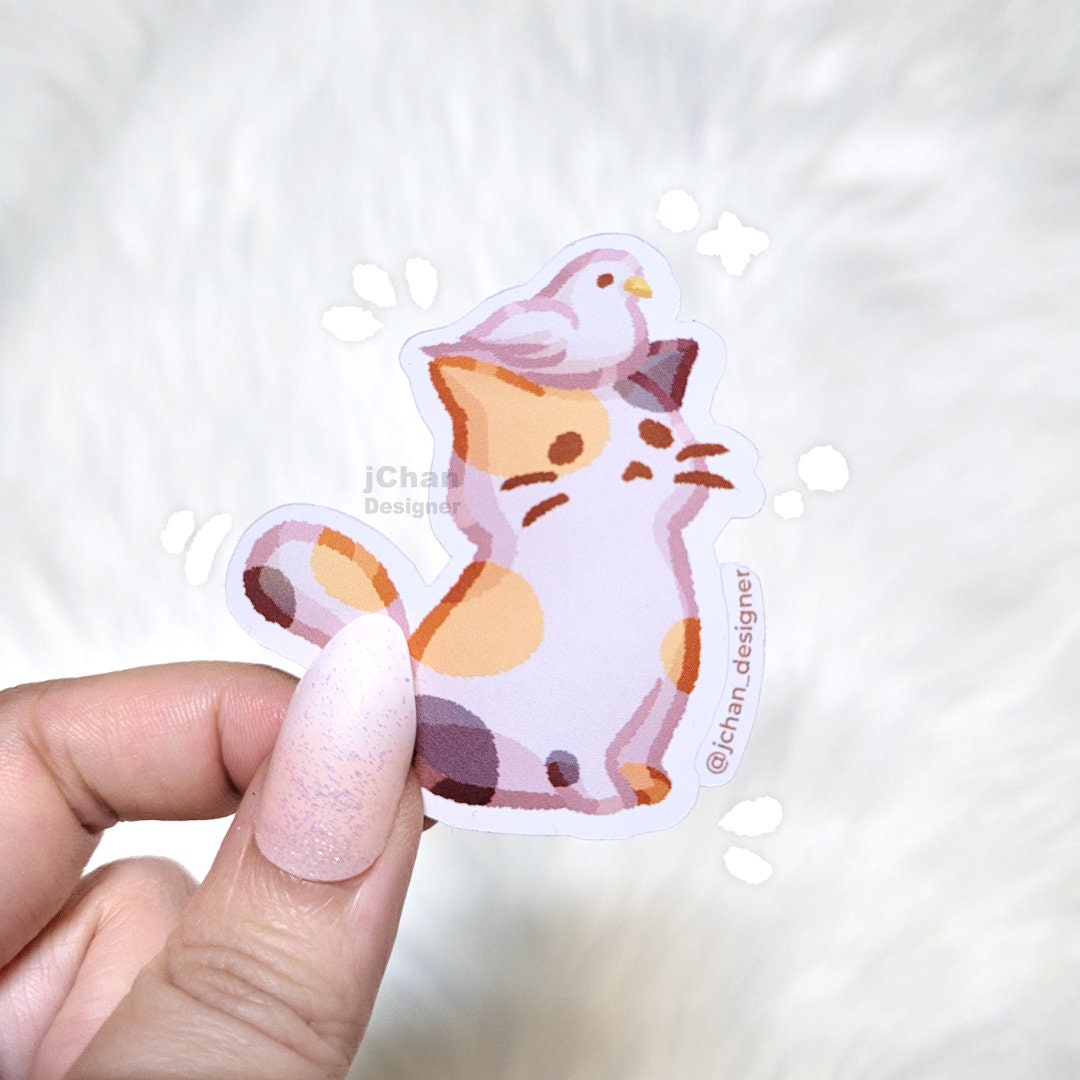 White Pigeon on Calico Cat Head Sticker, Bird on Cute Kitten Drawing ...