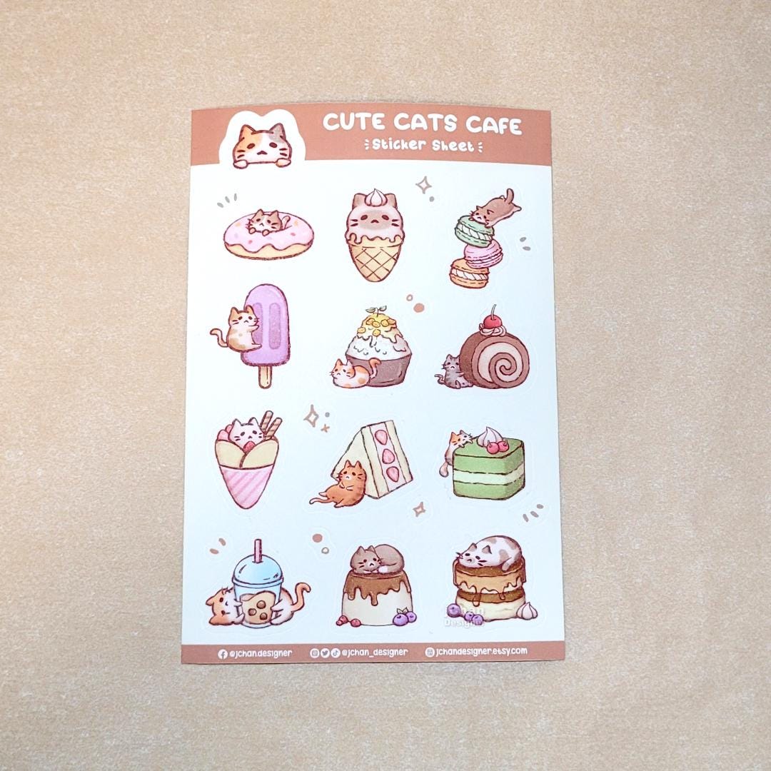 Cute Cats Cafe Sticker Sheet, Kitty Bakery Pastry Dessert Sticker ...