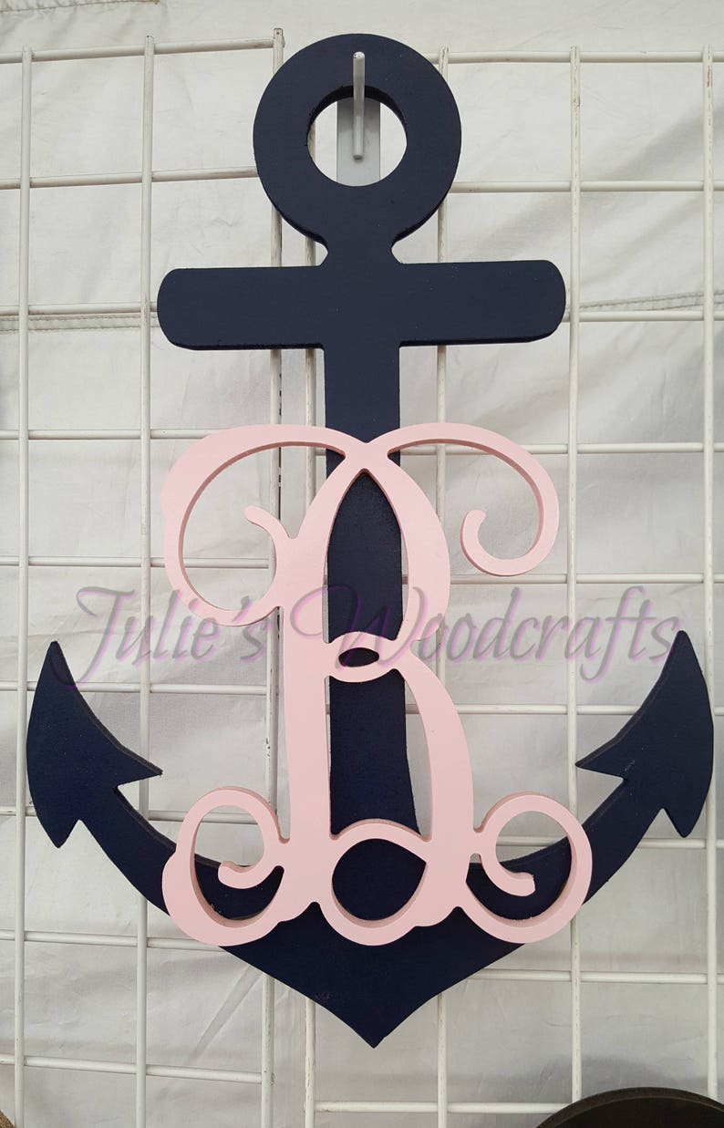 Wooden Monogram Anchor Door Hanger Initial Script Nautical | Etsy