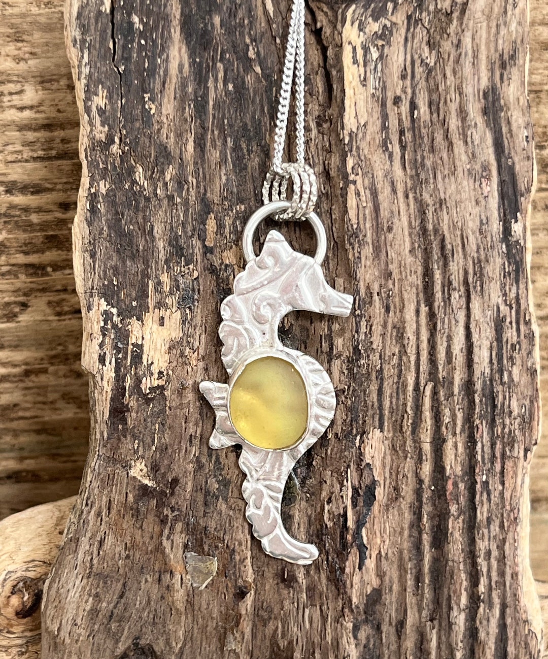 Scottish Sea Glass Seahorse Pendant, Sterling Silver Etched Design - Etsy