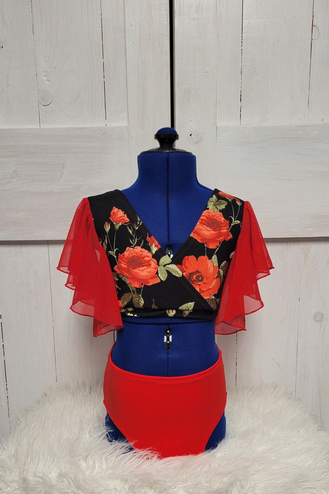 Black, Red and Green Floral Flutter Sleeve 2 Piece Girls Dance Set ...