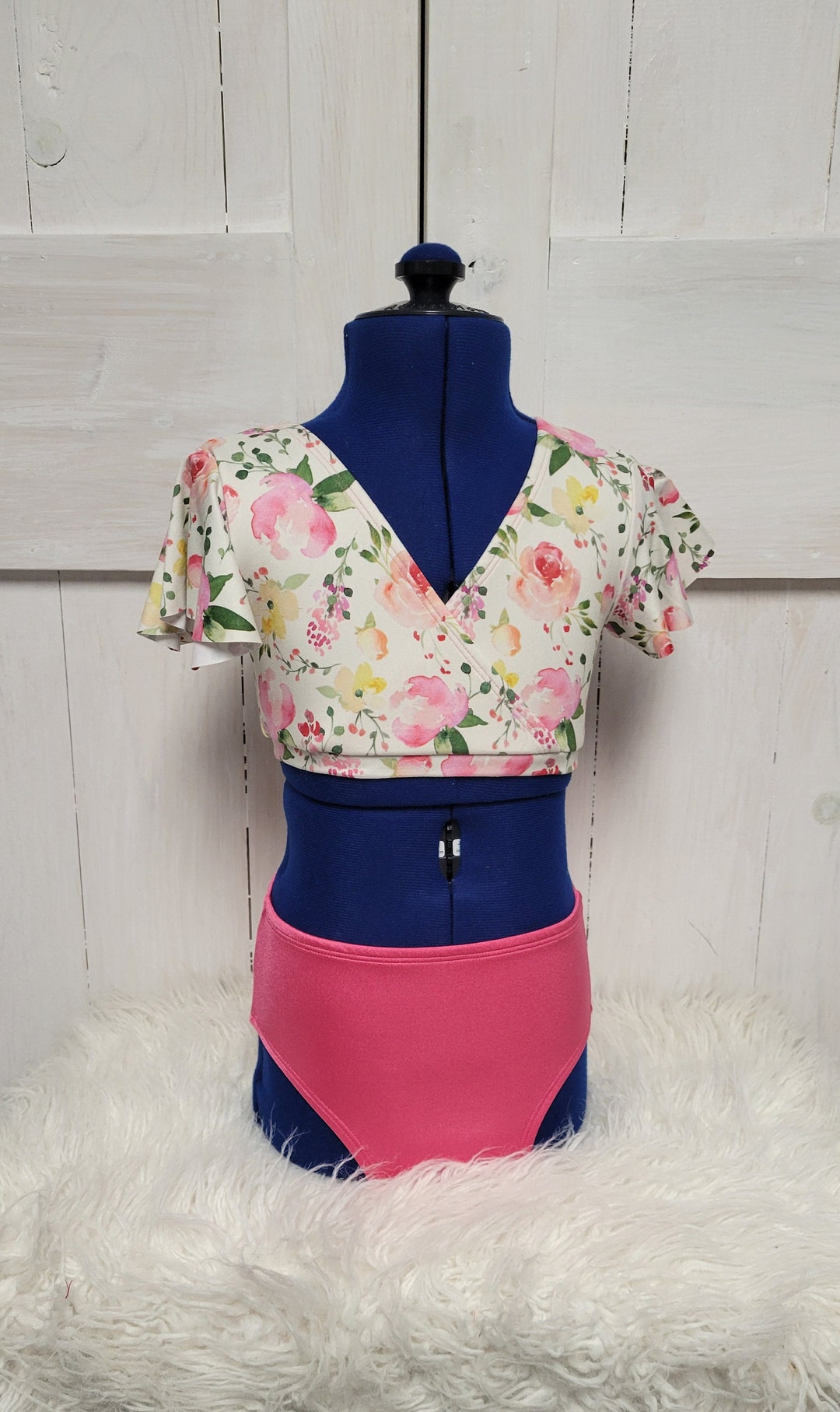 Cream, Pink, and Green Floral Flutter Sleeve 2 Piece Girls Dance Set ...