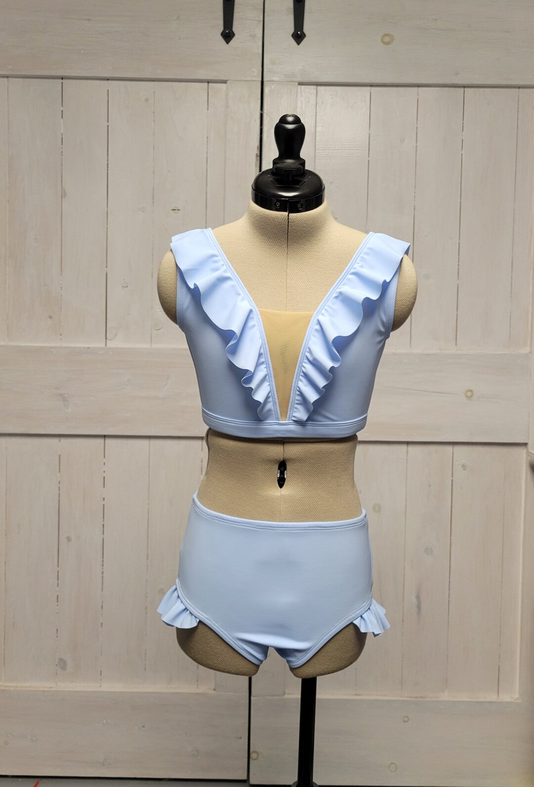 Sky Blue Mesh Center Ruffled 2 Piece Girls Dance Set, Girls Dancewear ...