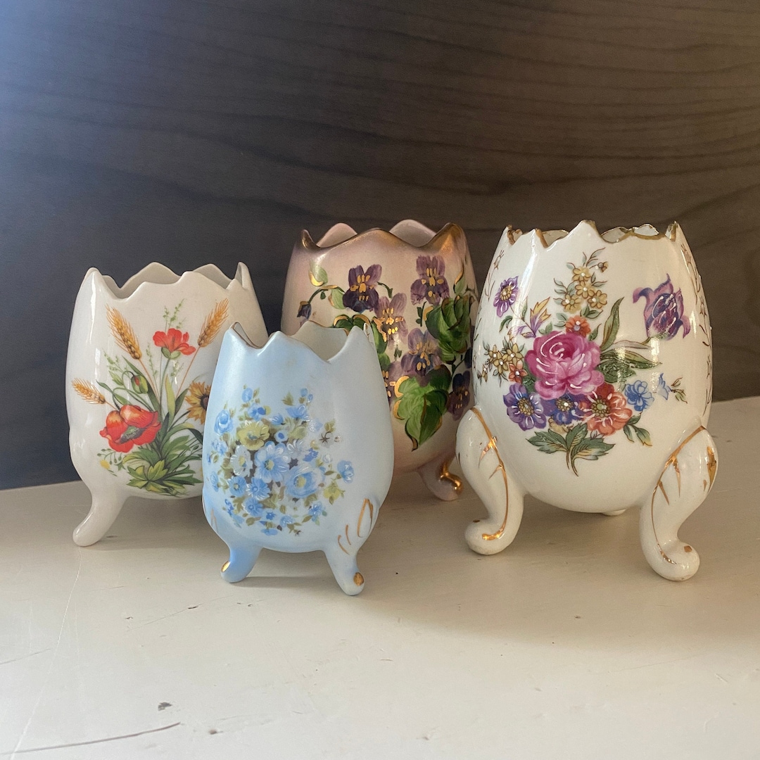 Ceramic "cracked Egg" Vases Hand-painted Floral and Gold Easter Decor ...