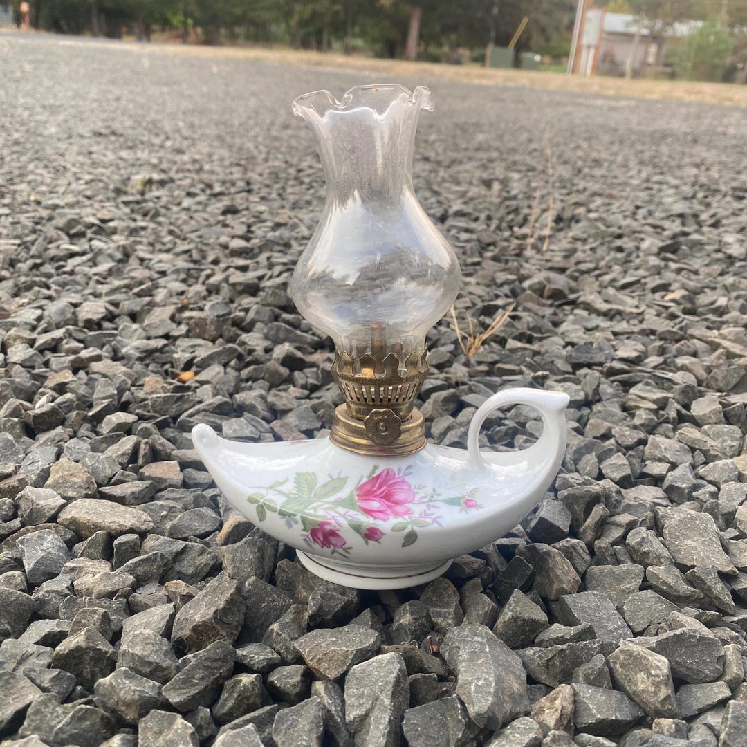 Mini Genie Oil Lamp Scalloped Hurricane Shade Romantic Roses Vintage ...