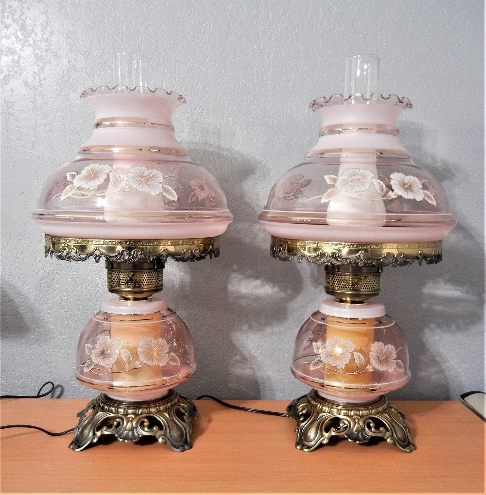 Rewired PAIR Vintage Pink Glass Hurricane Lamps White Hibiscus - Etsy