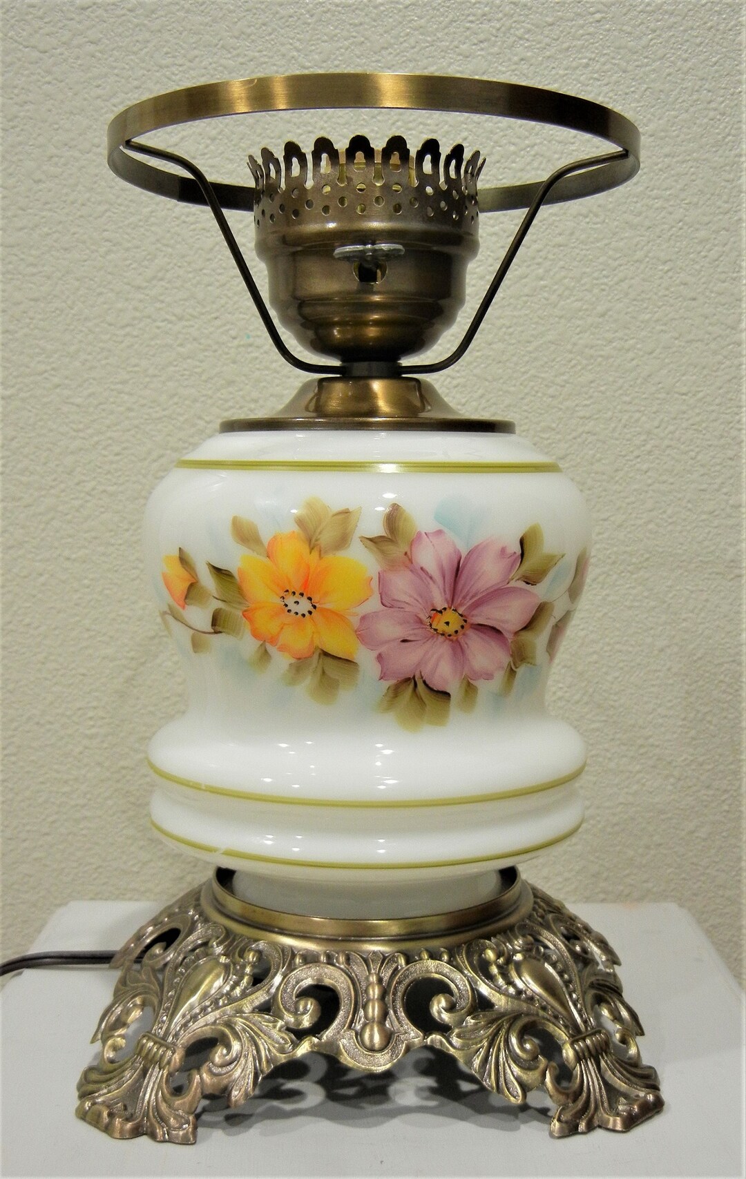 Rewired Vintage Floral Hurricane Lamp Base Only, 7 Fitter, Yellow ...