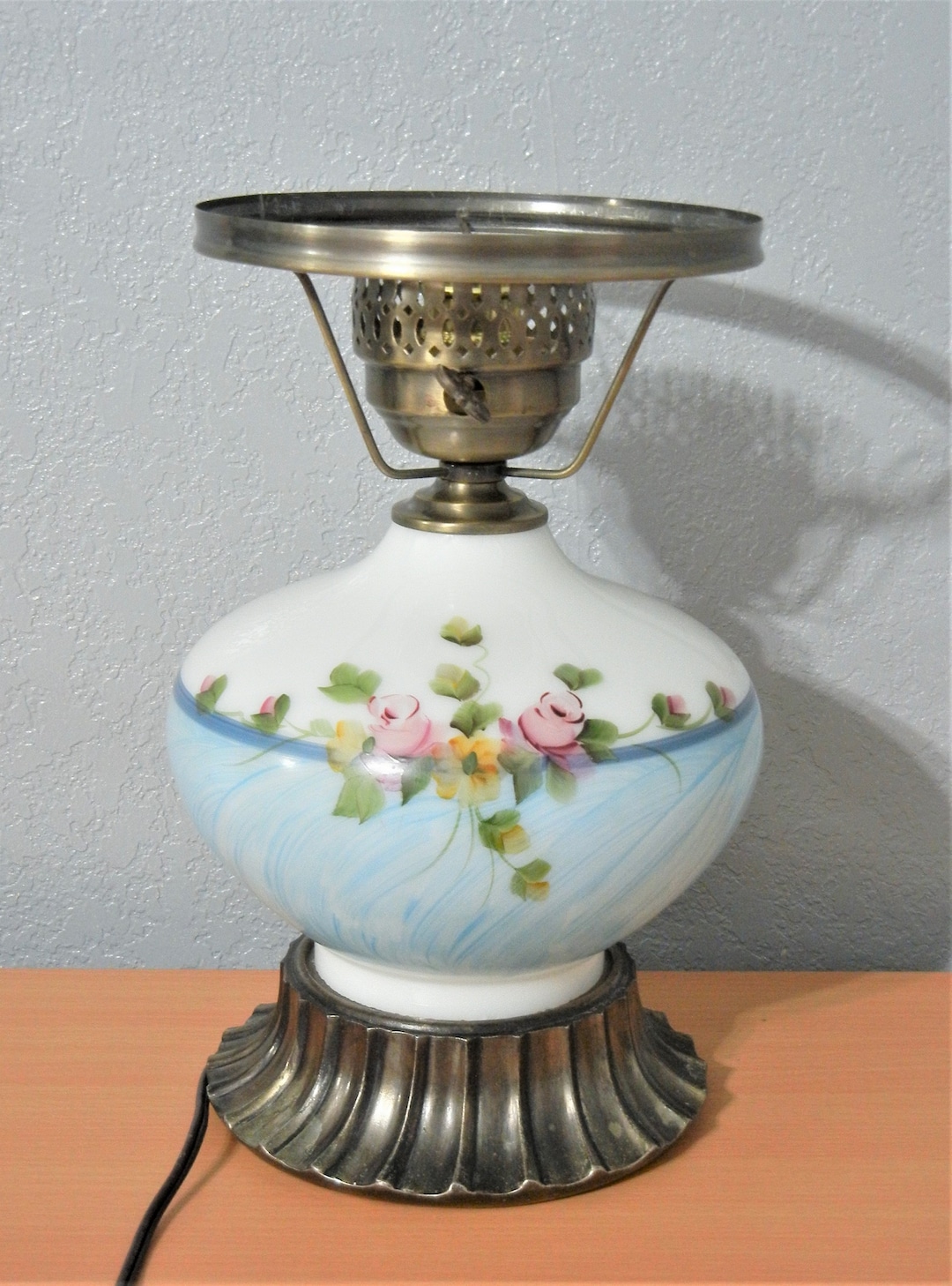 Rewired Hurricane Lamp Base 7" Fitter, Milk Glass Handpainted Aqua Blue ...