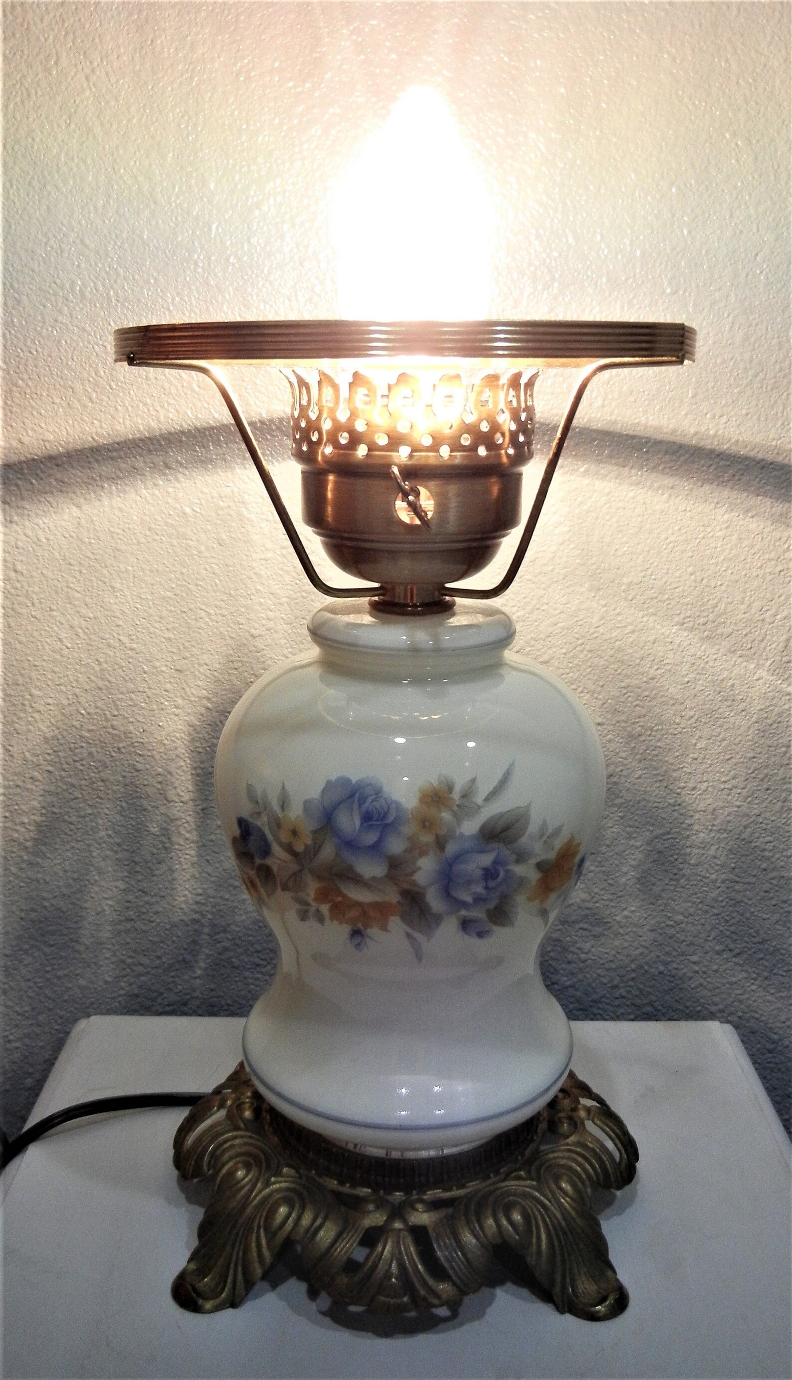 Vintage Hurricane Lamp Base: Rewired White, Blue Roses, Electric Table ...