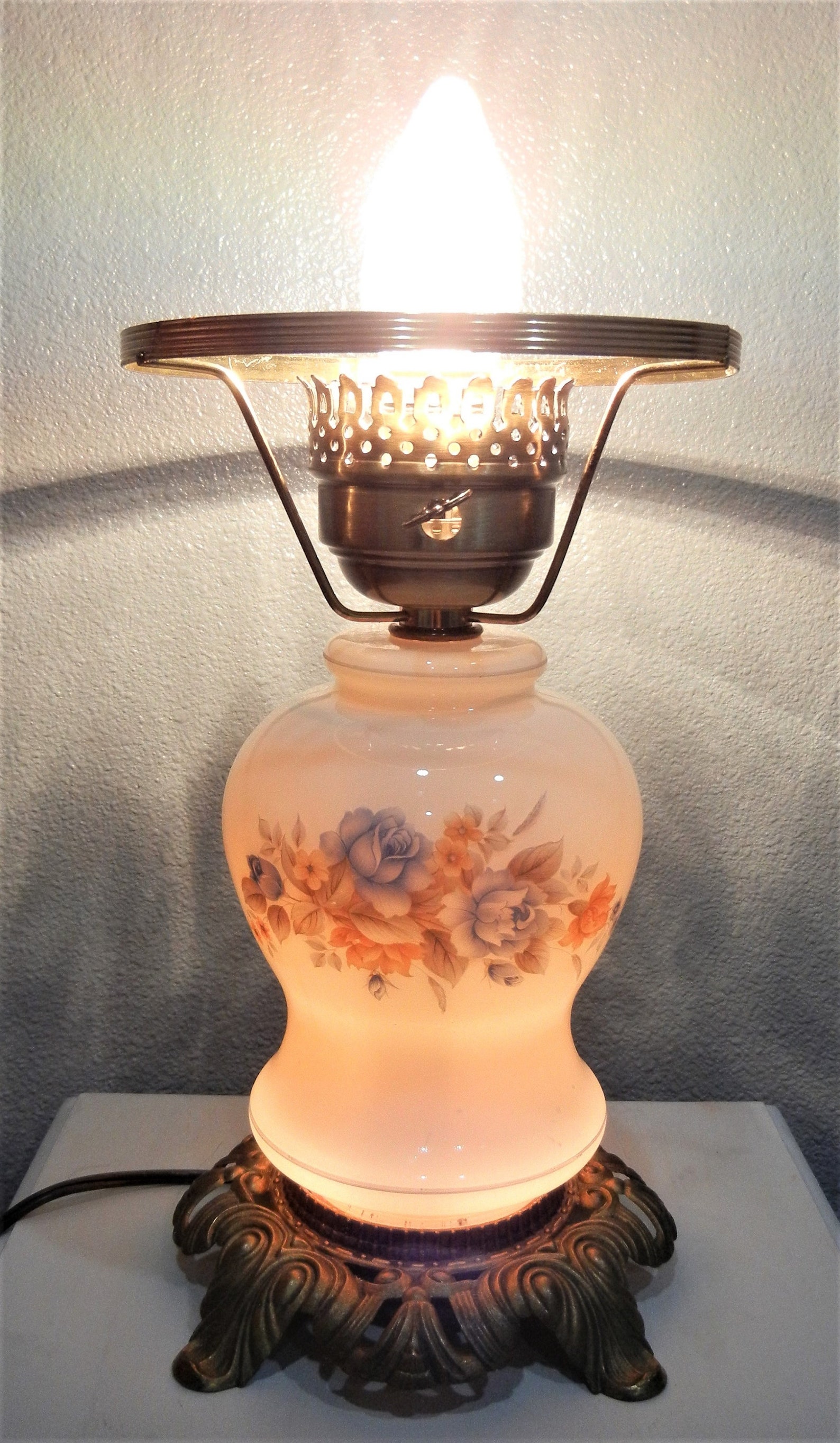 Vintage Hurricane Lamp Base: Rewired White, Blue Roses, Electric Table ...