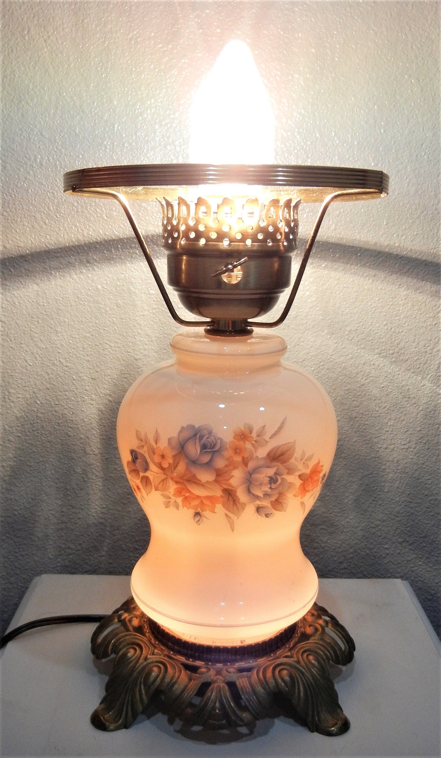 Vintage Hurricane Lamp Base: Rewired White, Blue Roses, Electric Table ...
