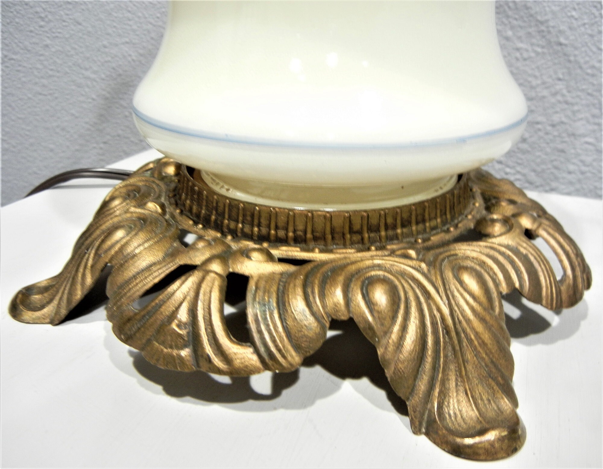 Vintage Hurricane Lamp Base: Rewired White, Blue Roses, Electric Table ...