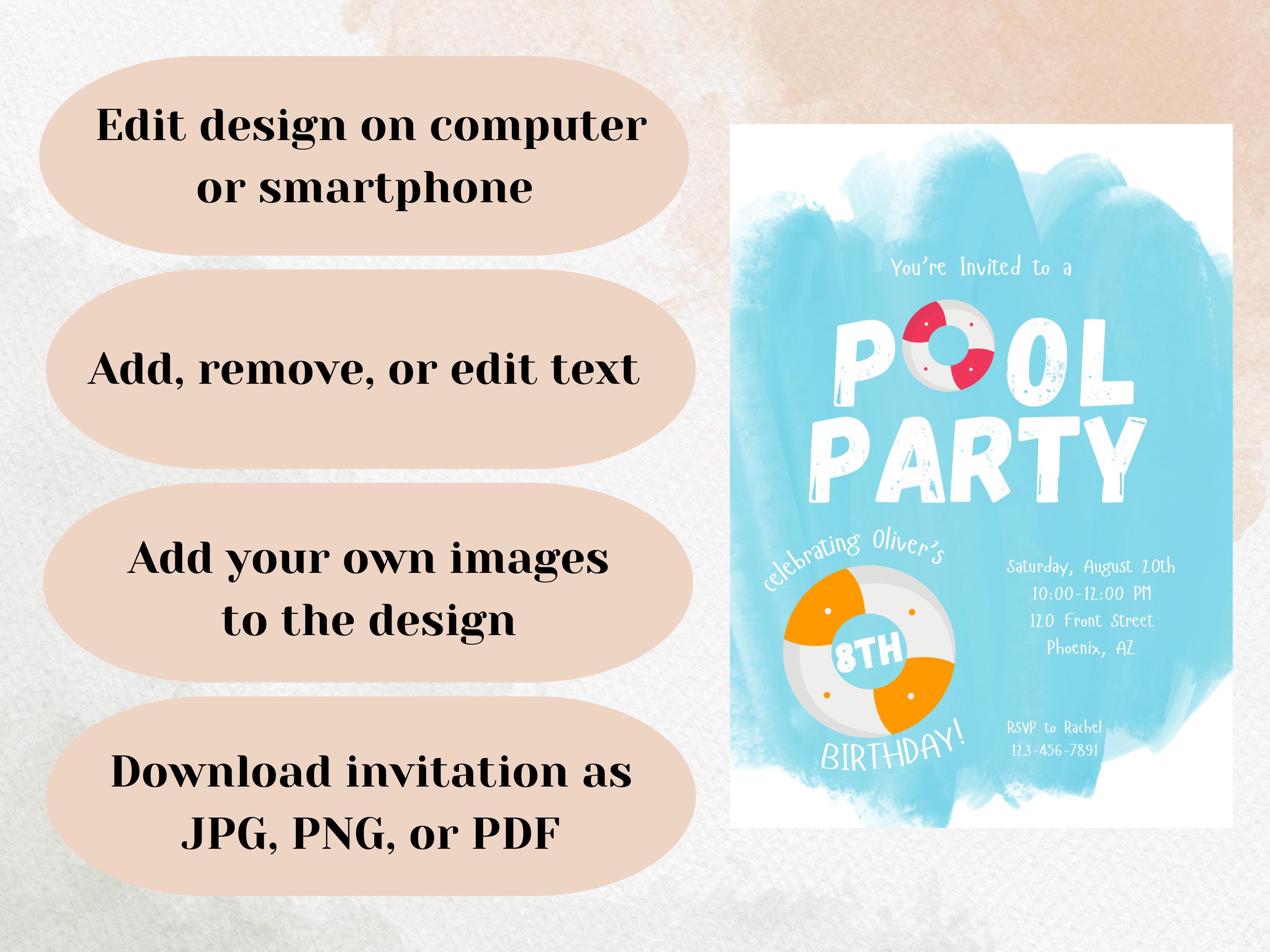 Pool Party Editable Invitation, Party Evite, Text Invitation, Pool ...
