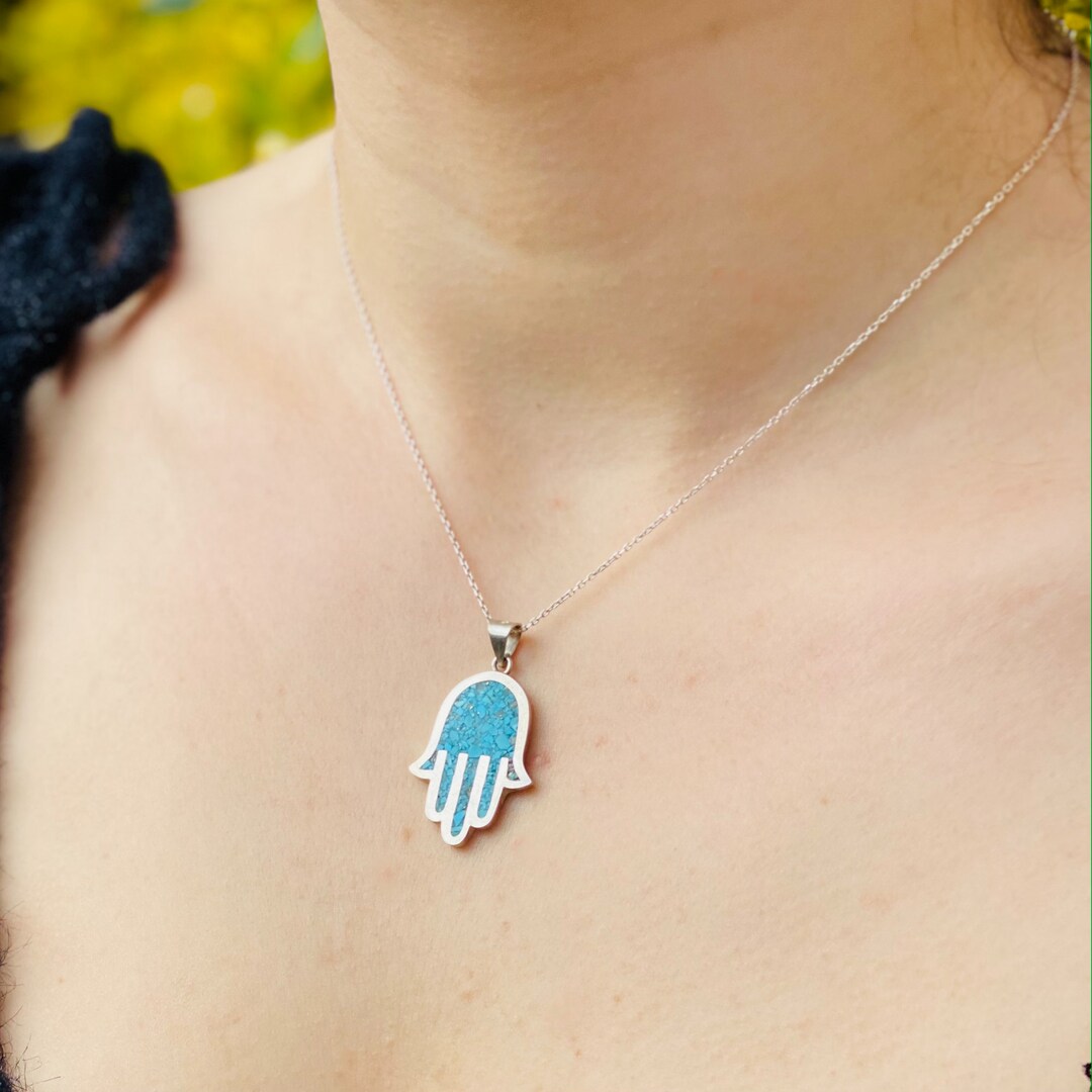 Natural Turquoise Hamsa Hand , Sterling Silver ,hamsa Necklace, Luck ...