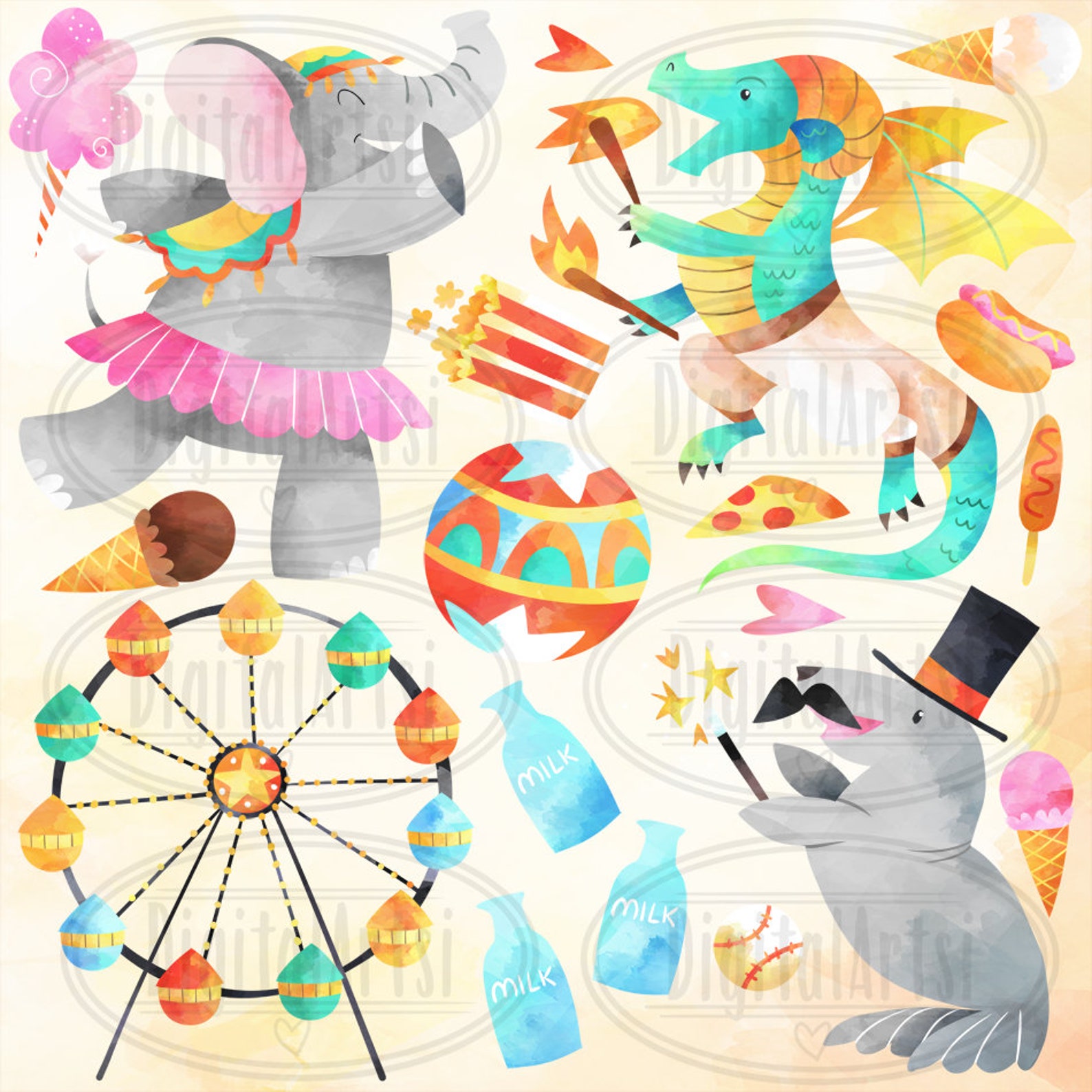 Watercolor Circus Clipart Carnival Download Instant - Etsy