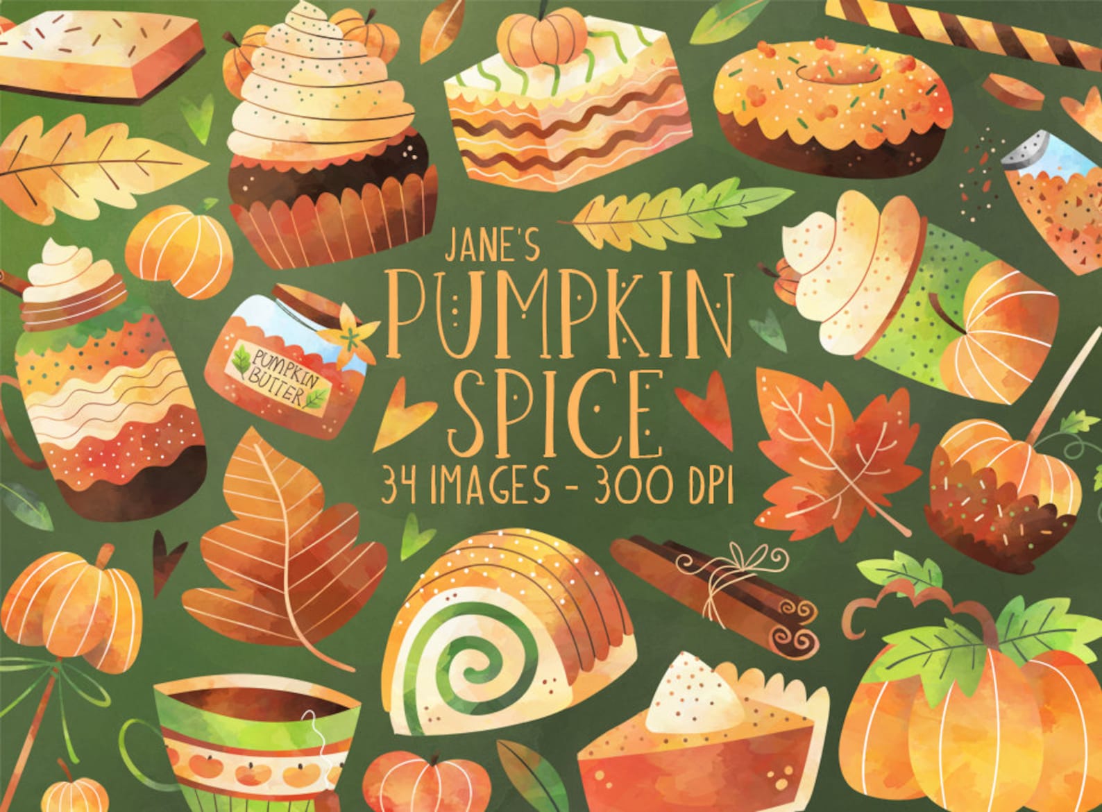 Watercolor Pumpkin Spice Clipart: Fall Pastries, Leaves (instant ...