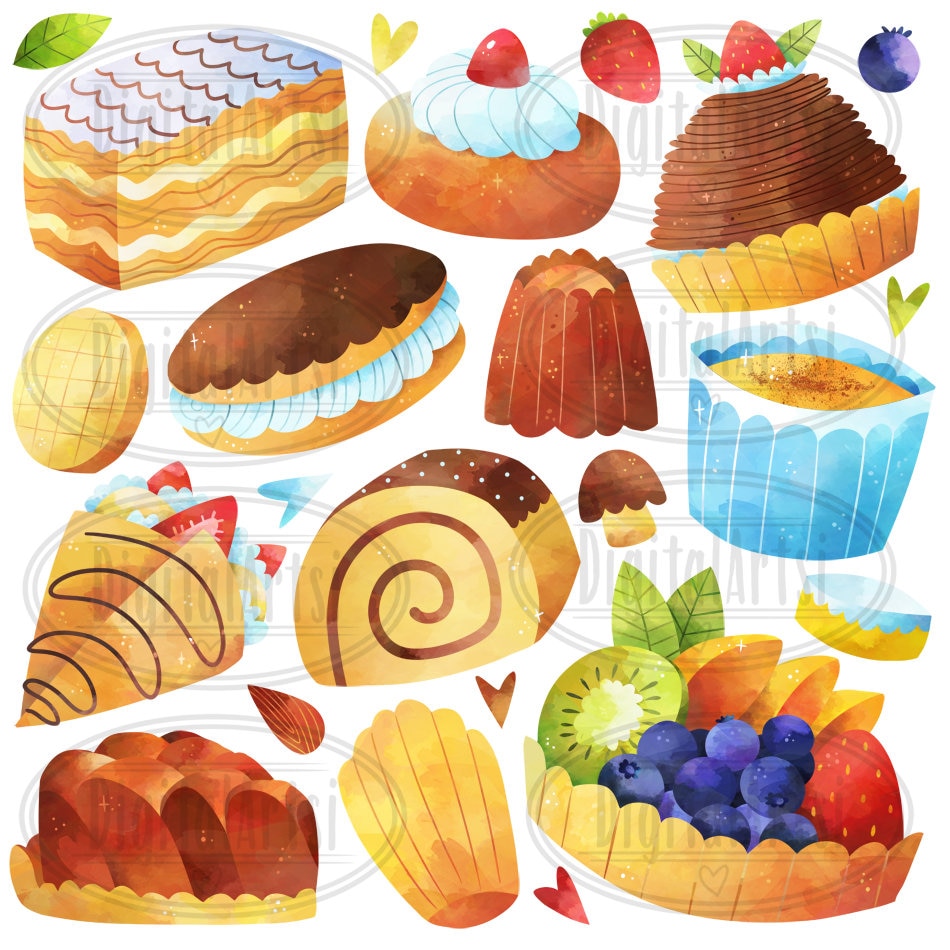 Watercolor French Pastries Clipart Patisserie Download - Etsy