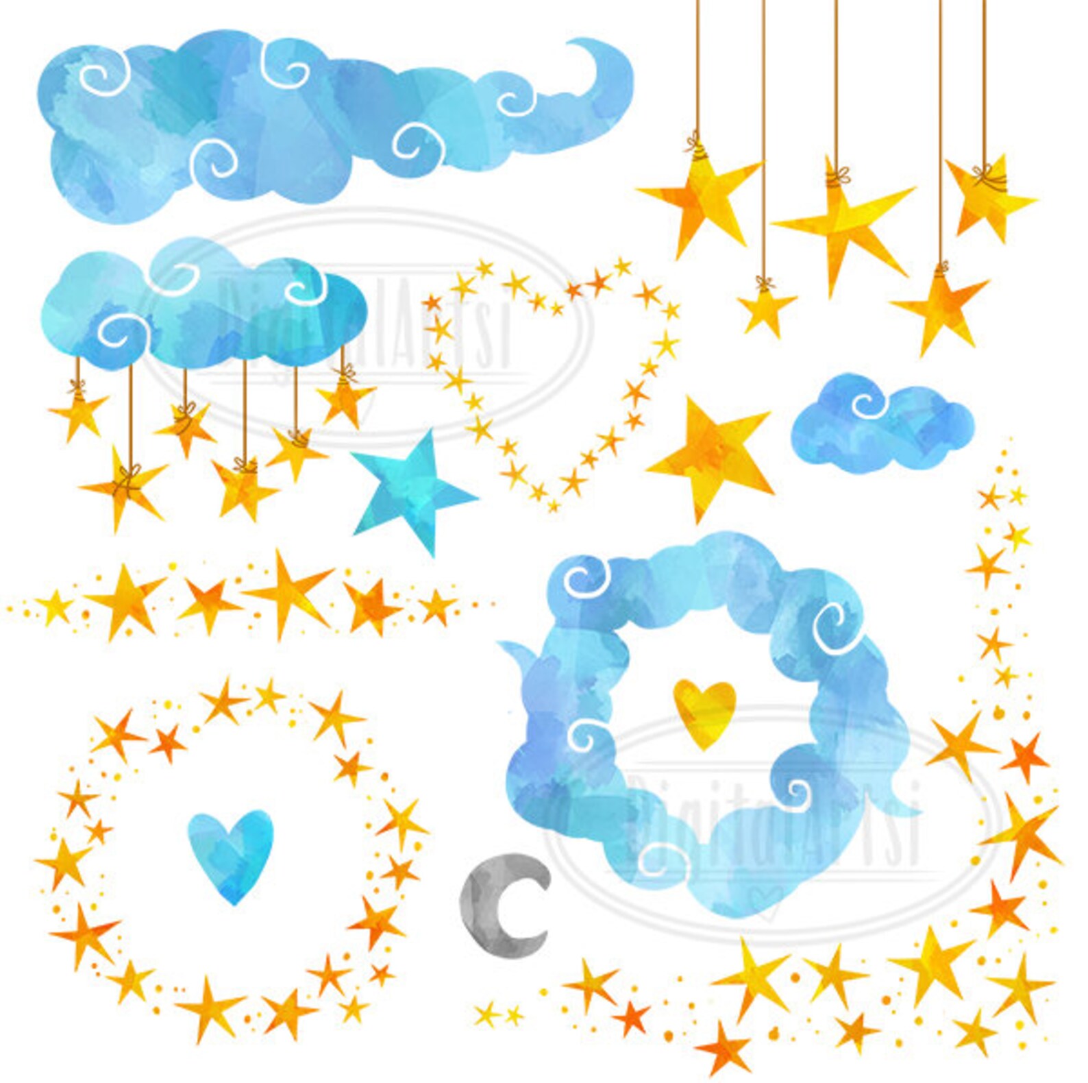 Watercolor Stars and Clouds Clipart: Star Borders (digital Download) - Etsy