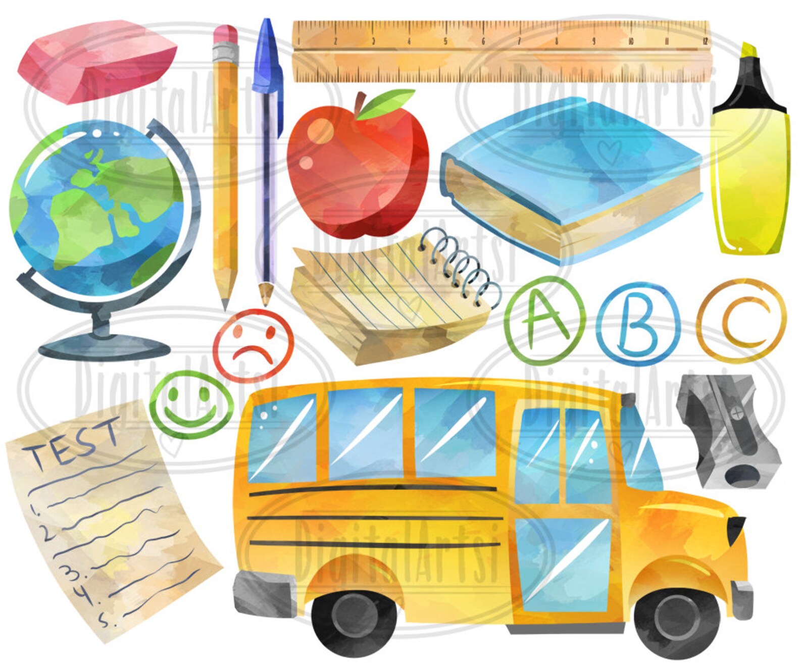 Watercolor School Clipart Back to School Download Instant - Etsy