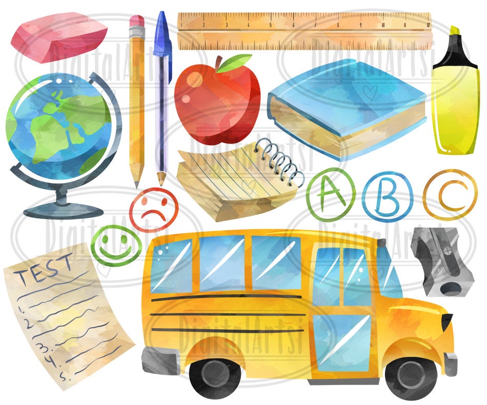 Watercolor School Clipart Back to School Download Instant - Etsy