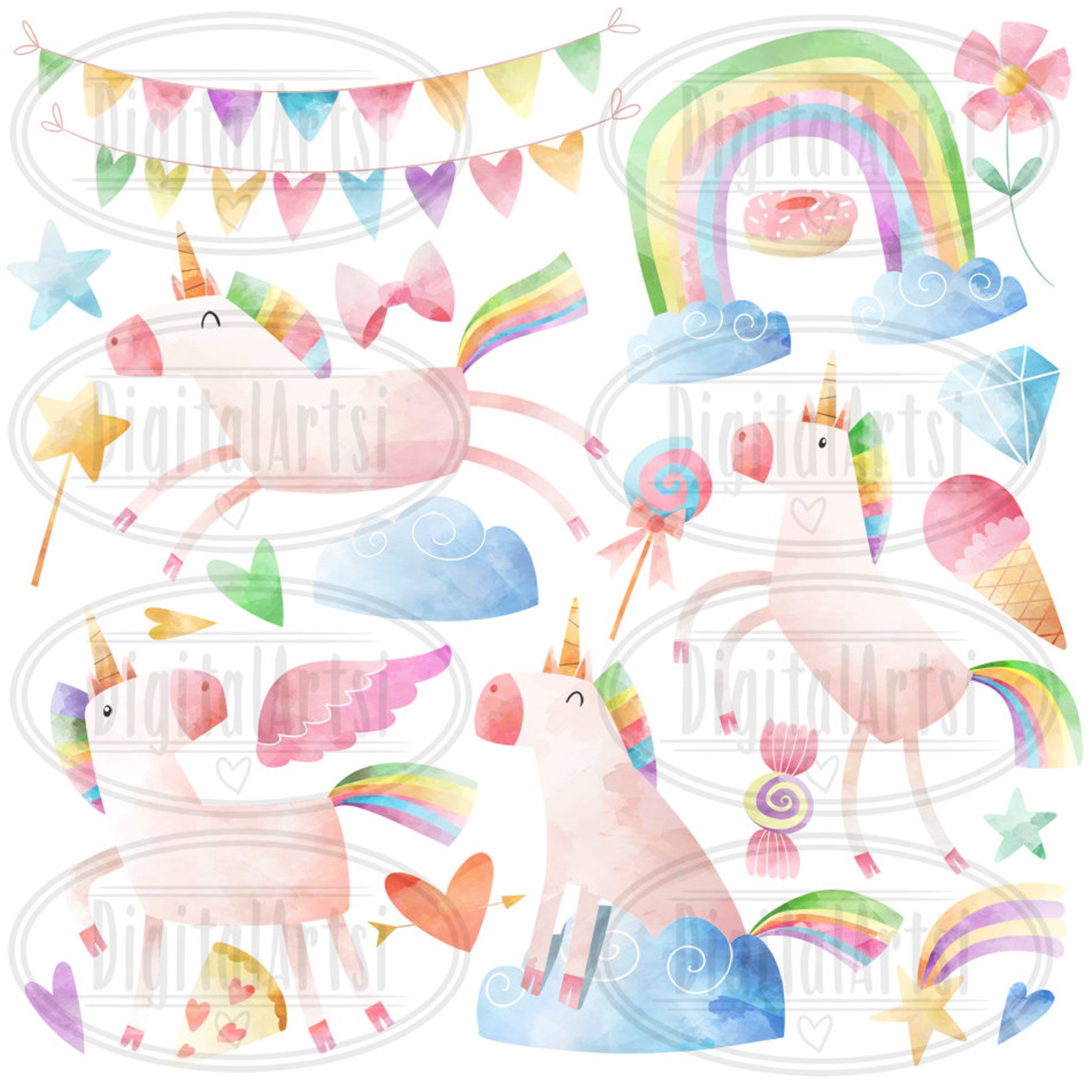 Watercolor Unicorns Clipart Rainbow Unicorns Download - Etsy