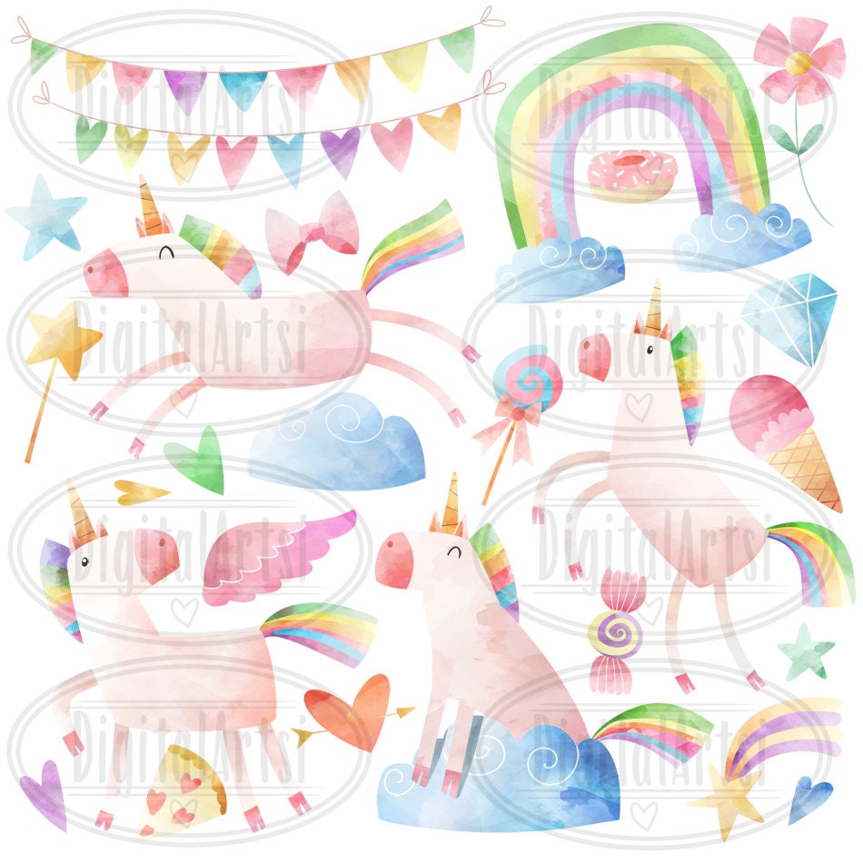Watercolor Unicorns Clipart Rainbow Unicorns Download - Etsy