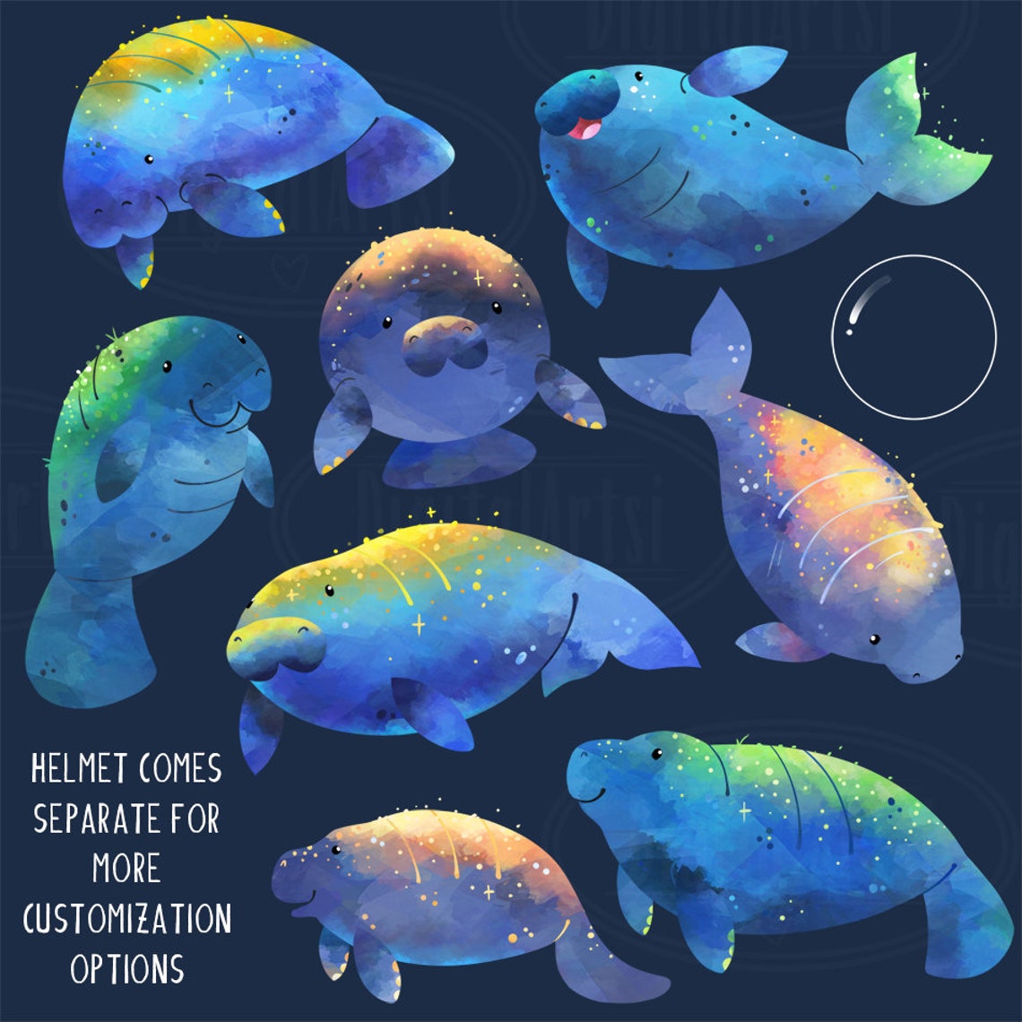 Watercolor Space Manatee Clipart: Fantasy Sea Cows (digital Download ...