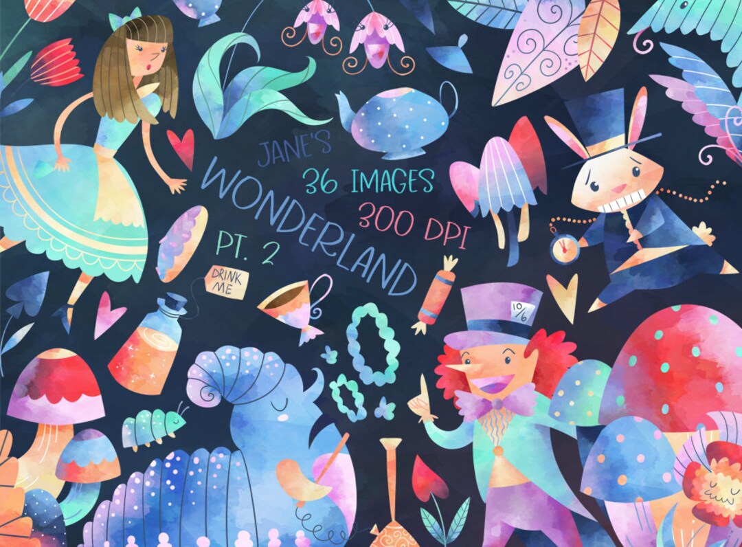 Watercolor Alice in Wonderland Clipart: 36 PNG Graphics (instant ...
