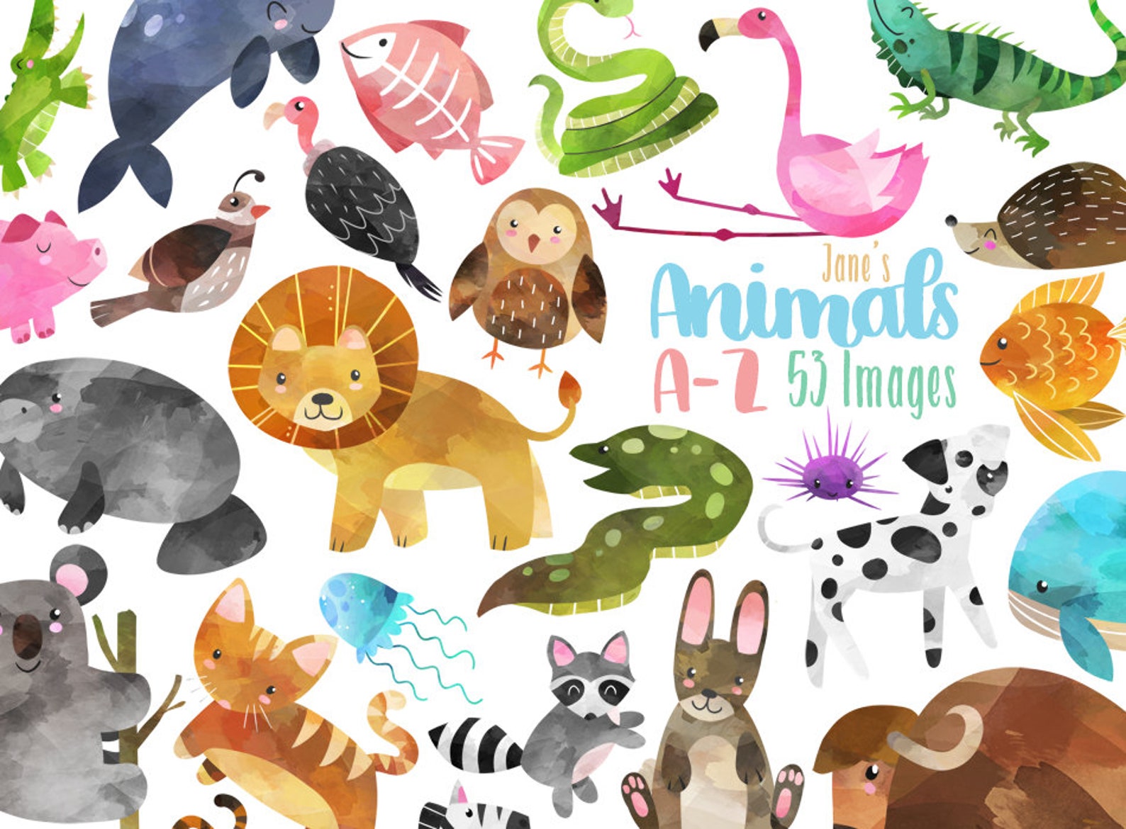Watercolor Animals A-Z Clipart Animal Alphabet Clipart Instant Download ...