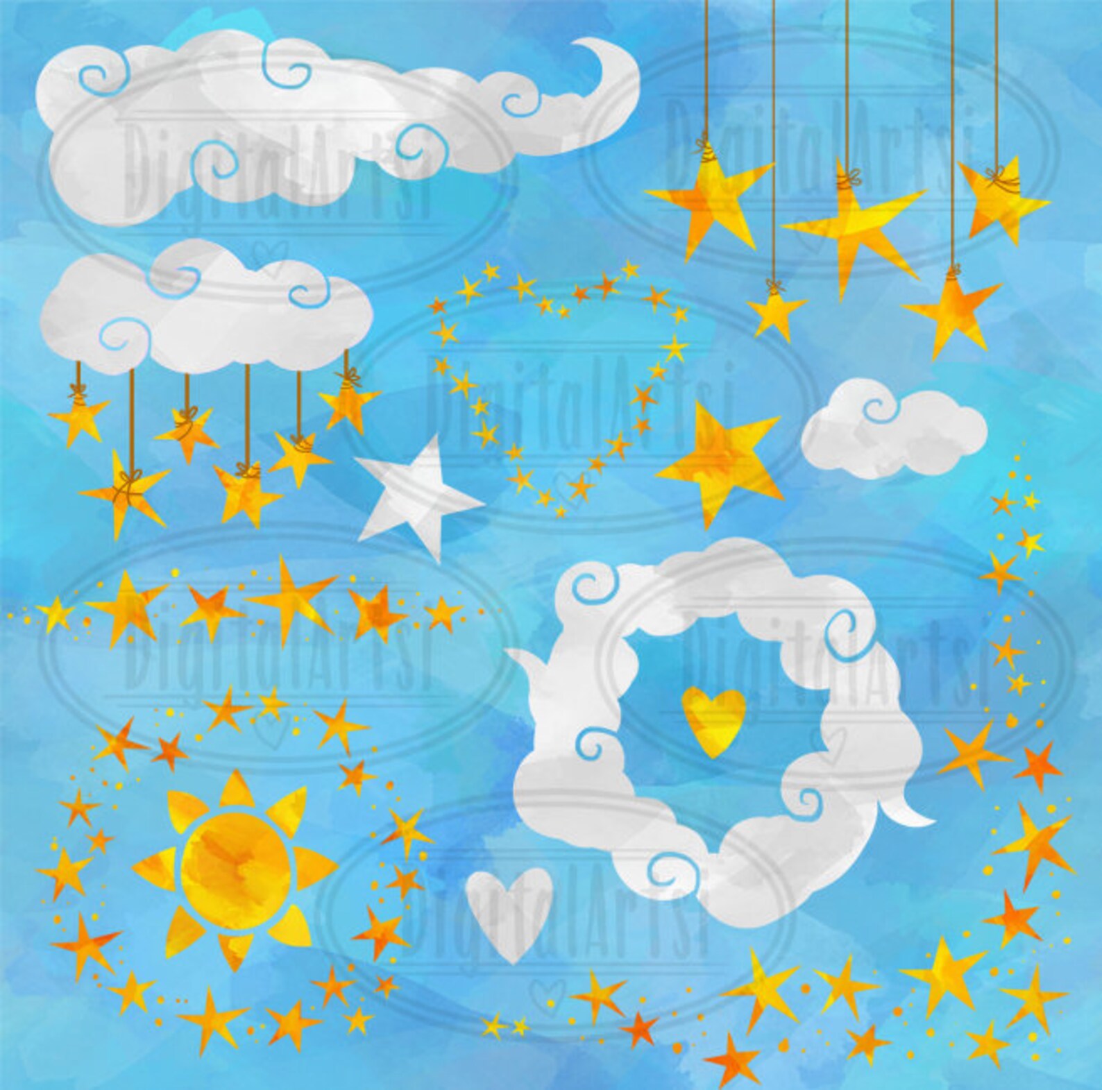 Watercolor Stars and Clouds Clipart Star Borders Download - Etsy
