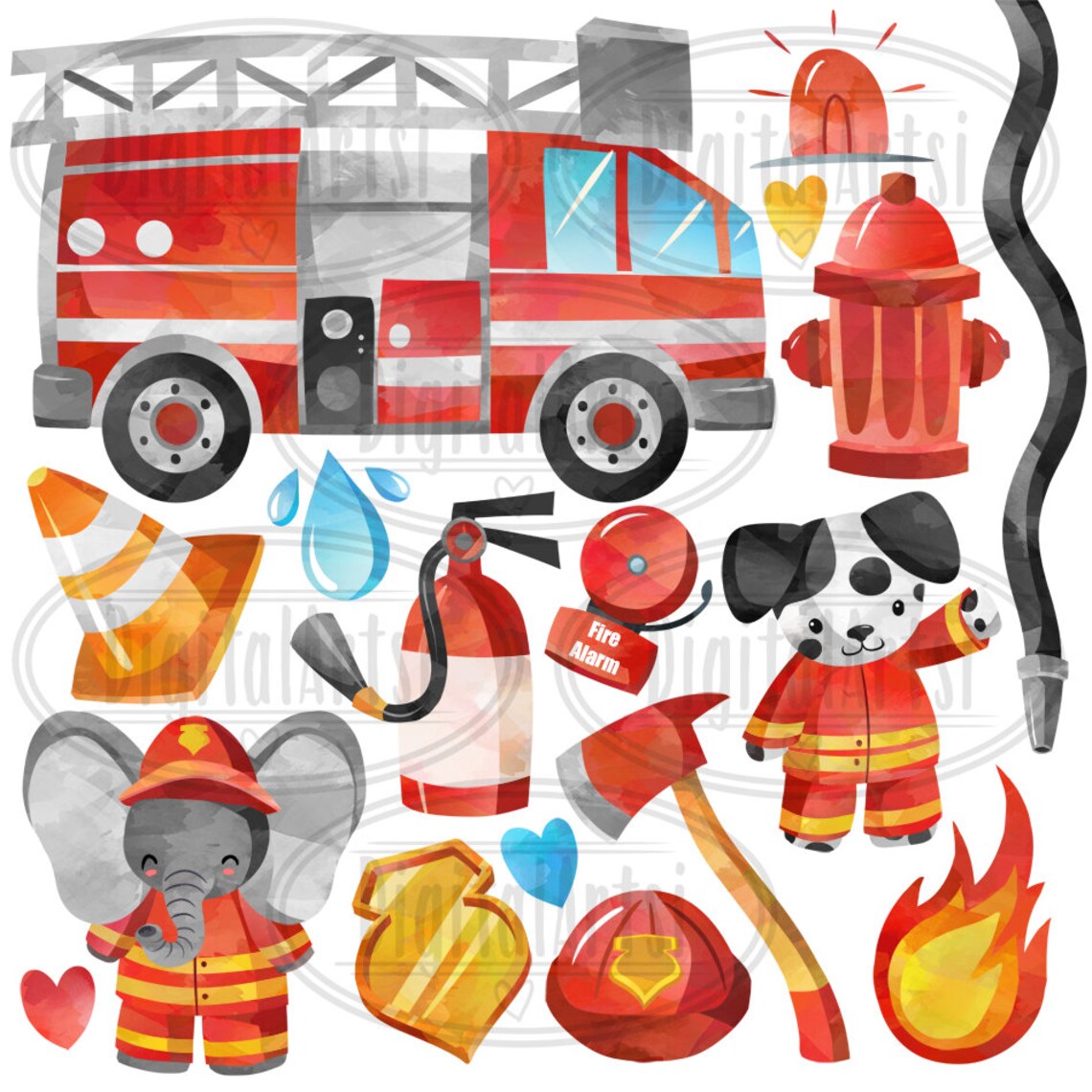 Watercolor Firefighters Clipart Fire Truck Download - Etsy