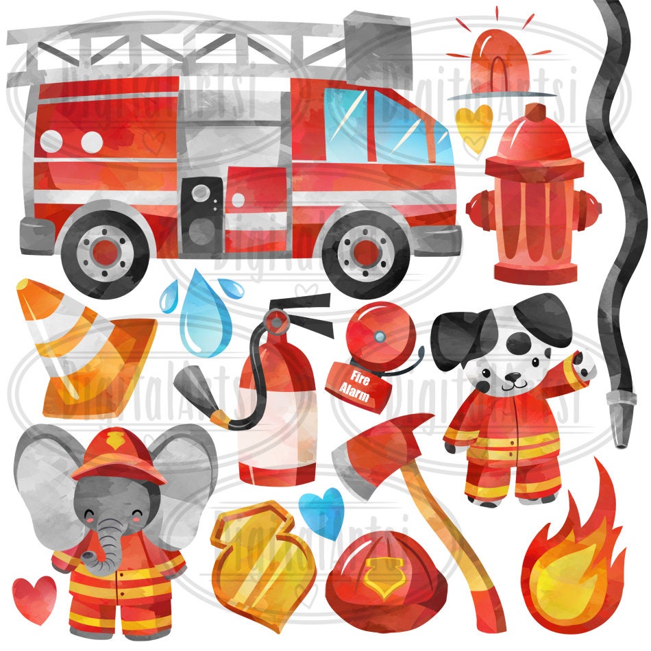 Watercolor Firefighters Clipart Fire Truck Download - Etsy