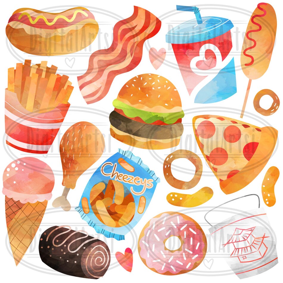 Watercolor Junk Food Clipart: 19 PNG Images (digital Download, Human ...