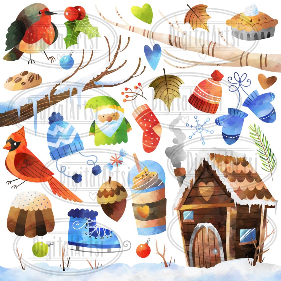 Watercolor Winter Clipart Snowy Items Download Instant - Etsy
