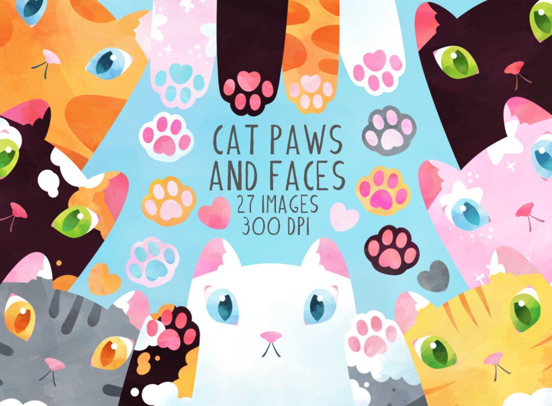 Cat Faces and Paws Clipart: Tabby, Black, Grey, Orange (instant ...