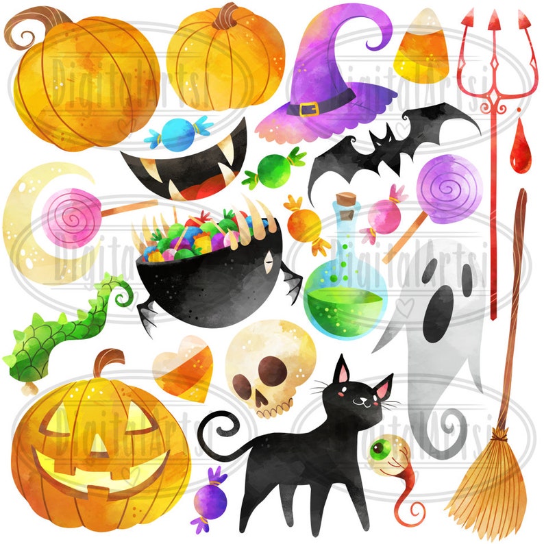 Watercolor Halloween Clipart: Black Cat, Witch, Pumpkin (commercial Use ...