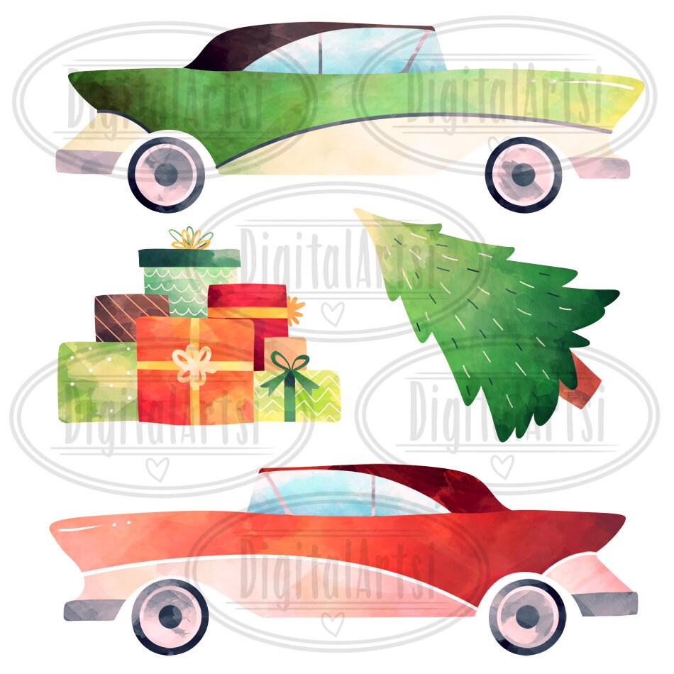 Watercolor Christmas Cars Clipart Christmas Clipart | Etsy