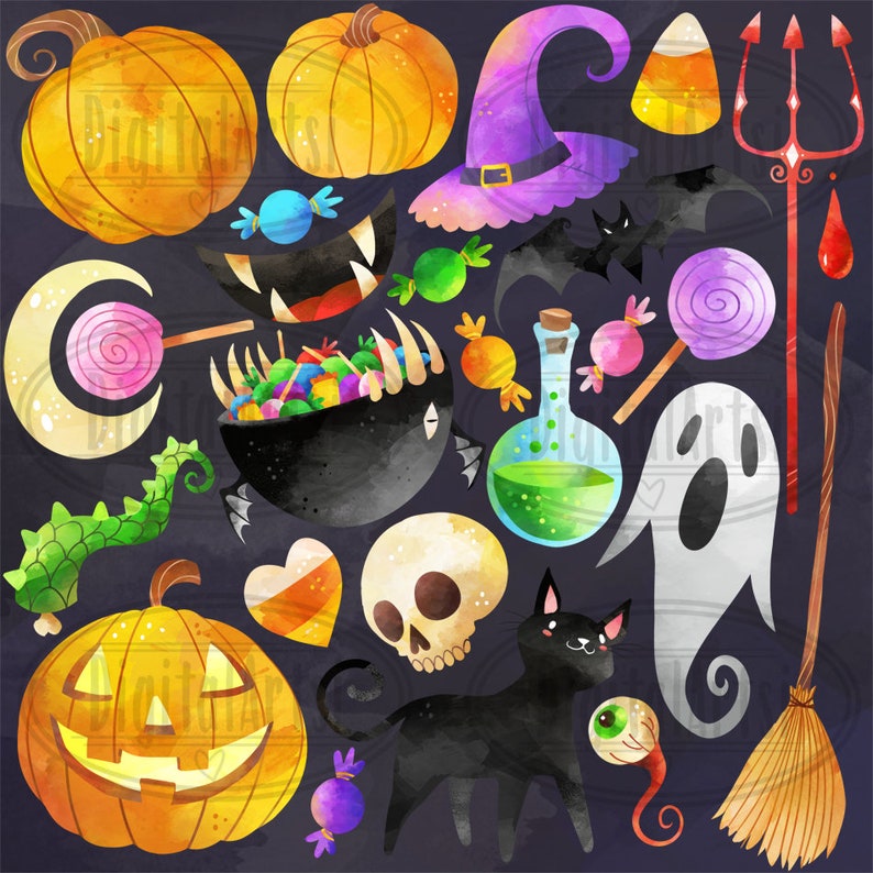 Watercolor Halloween Clipart: Black Cat, Witch, Pumpkin (commercial Use ...