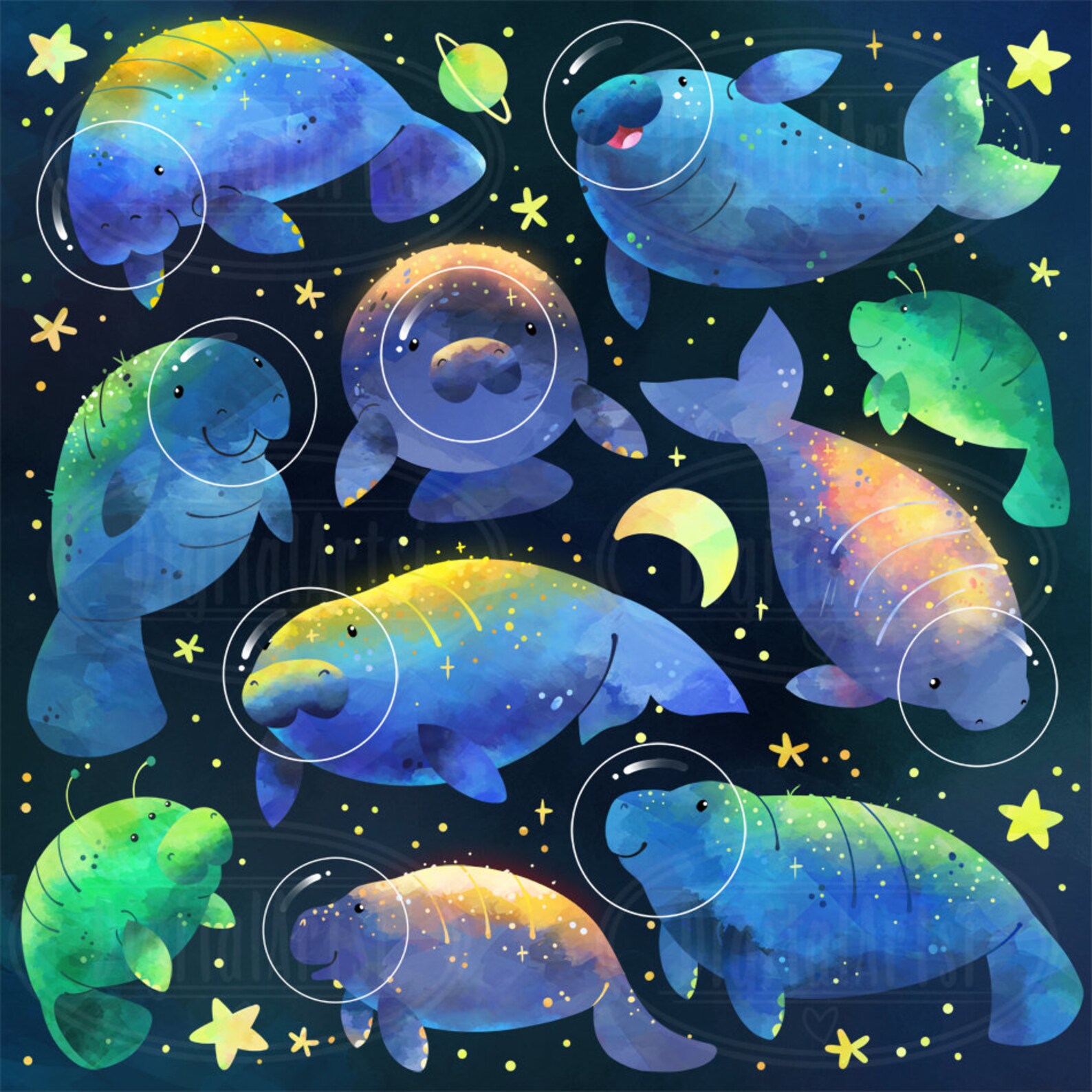 Watercolor Space Manatee Clipart: Fantasy Sea Cows (digital Download ...