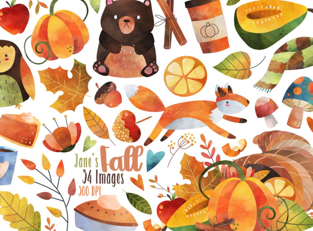 Watercolor Fall Clipart: Autumn Harvest Graphics (digital Download ...