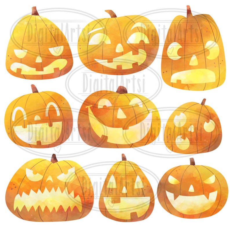 Watercolor Jack O Lantern Clipart: Halloween Pumpkin Images (digital ...