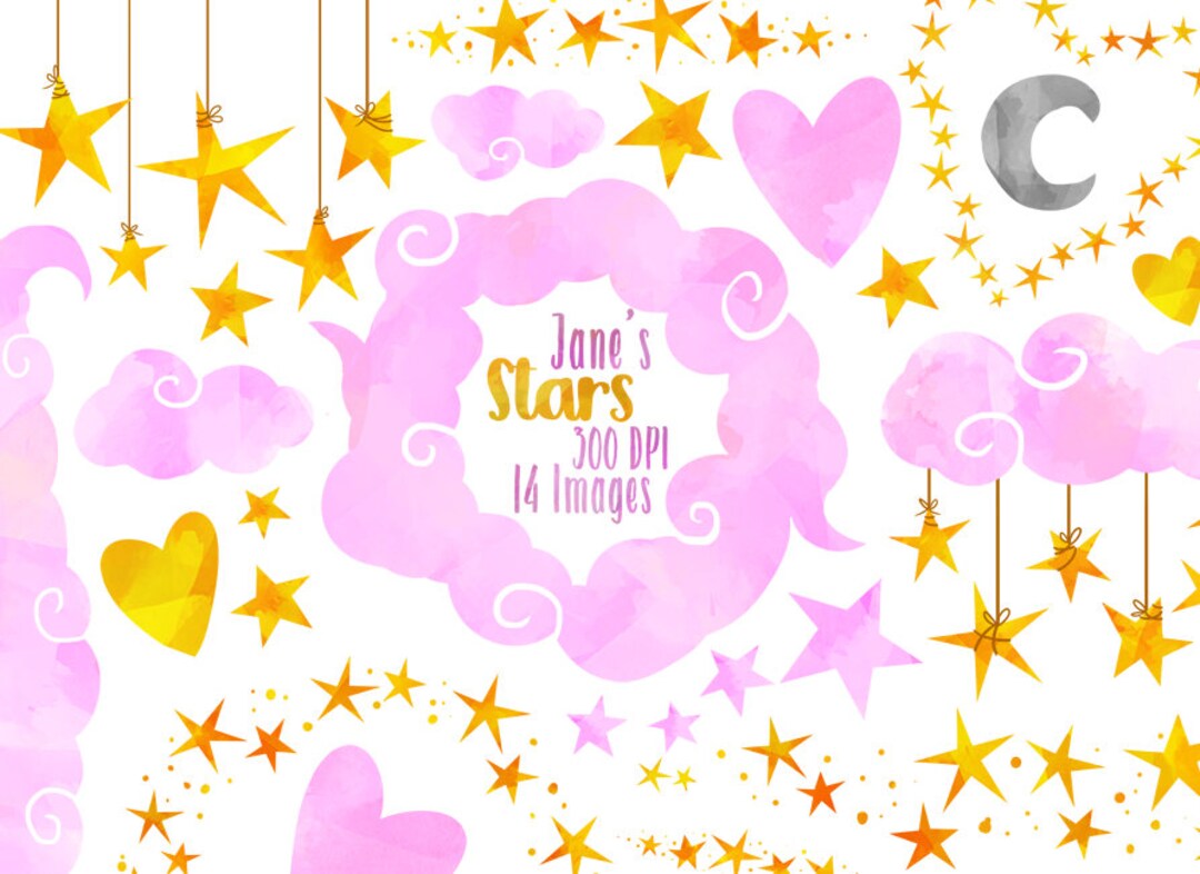 Watercolor Pink Stars and Clouds Clipart - Star Borders Download ...