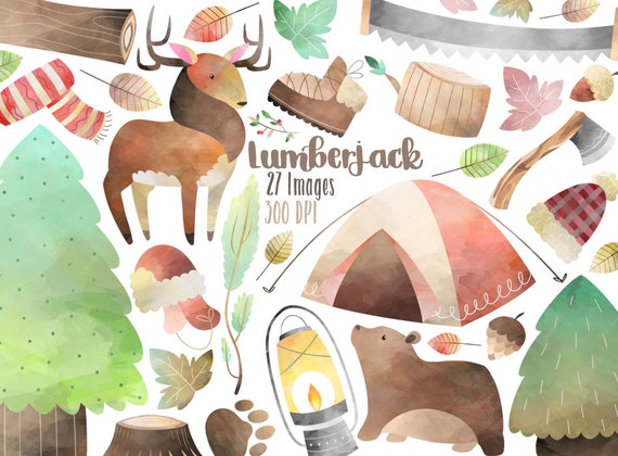 Watercolor Lumberjack Clipart Camping Items Download | Etsy Australia