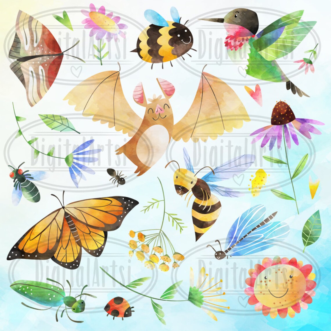 Watercolor Pollinators Clipart: Garden Insects & Flowers (digital ...